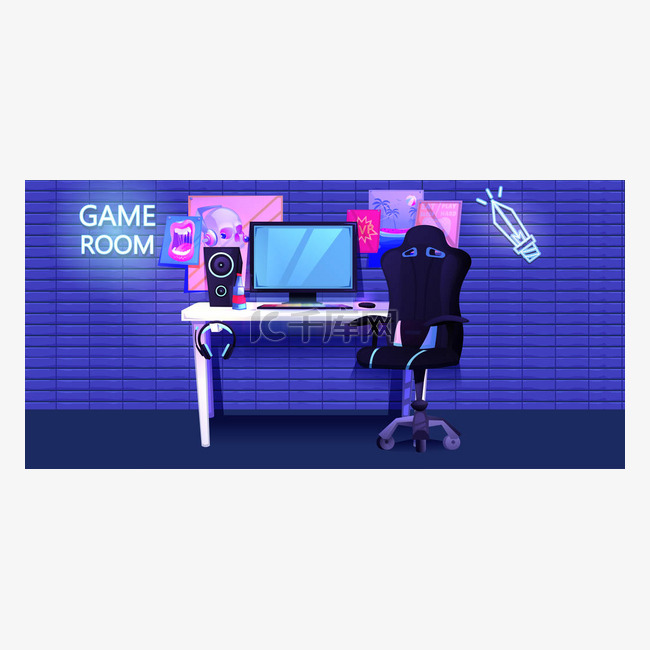 ESports interior banner. Workplace cyber sportsman gamer. A desk with a ...