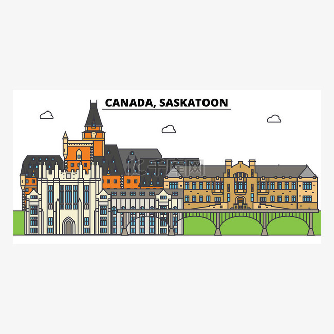 加拿大, 萨斯卡通。城市天际线, 建筑, 建筑物, 街道, 剪影, 景观, 全景, 地标。可编辑笔画。平面设计线矢量图解概念。孤立图标素材图片 ...