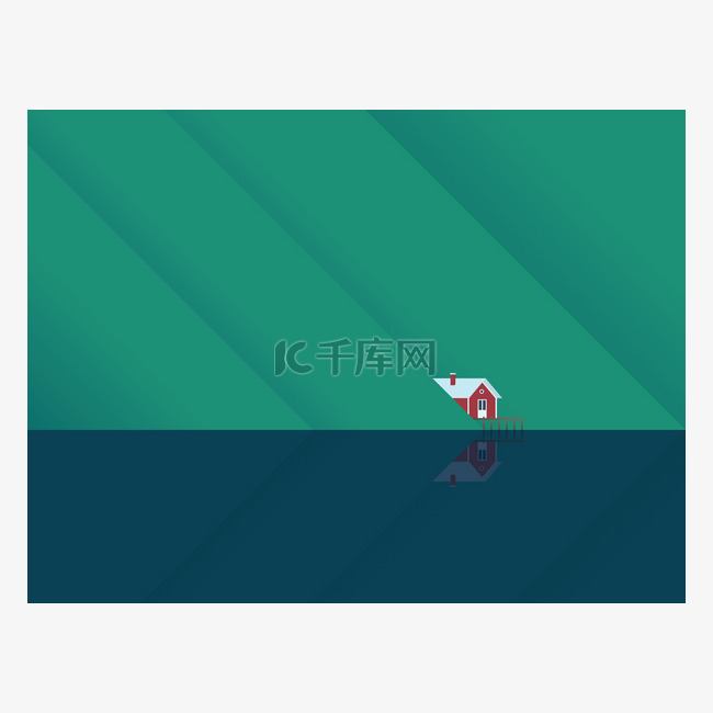 Red lake house under mountains with water surface reflection ...