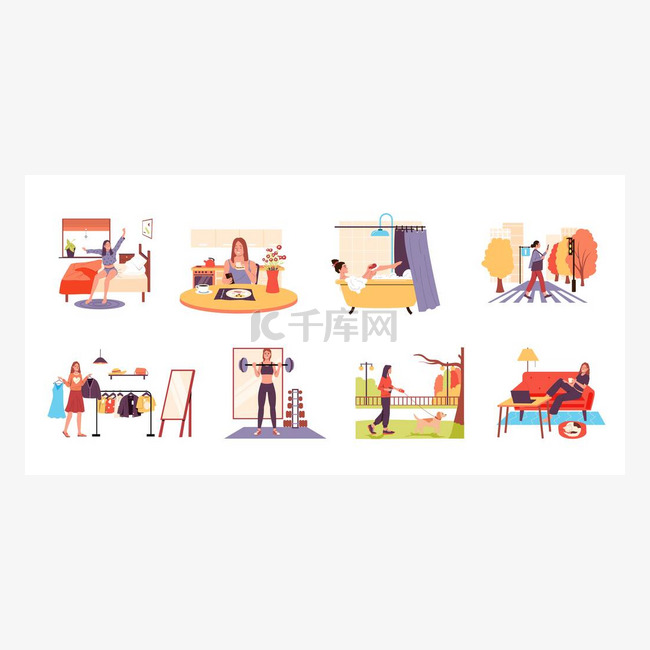 Woman daily routine. Girl everyday life scenes, cartoon person wake up ...