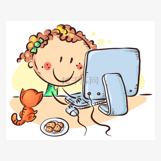 Cartoon girl at the computer, hand drawn vector illustration素材图片免费下载-千库网