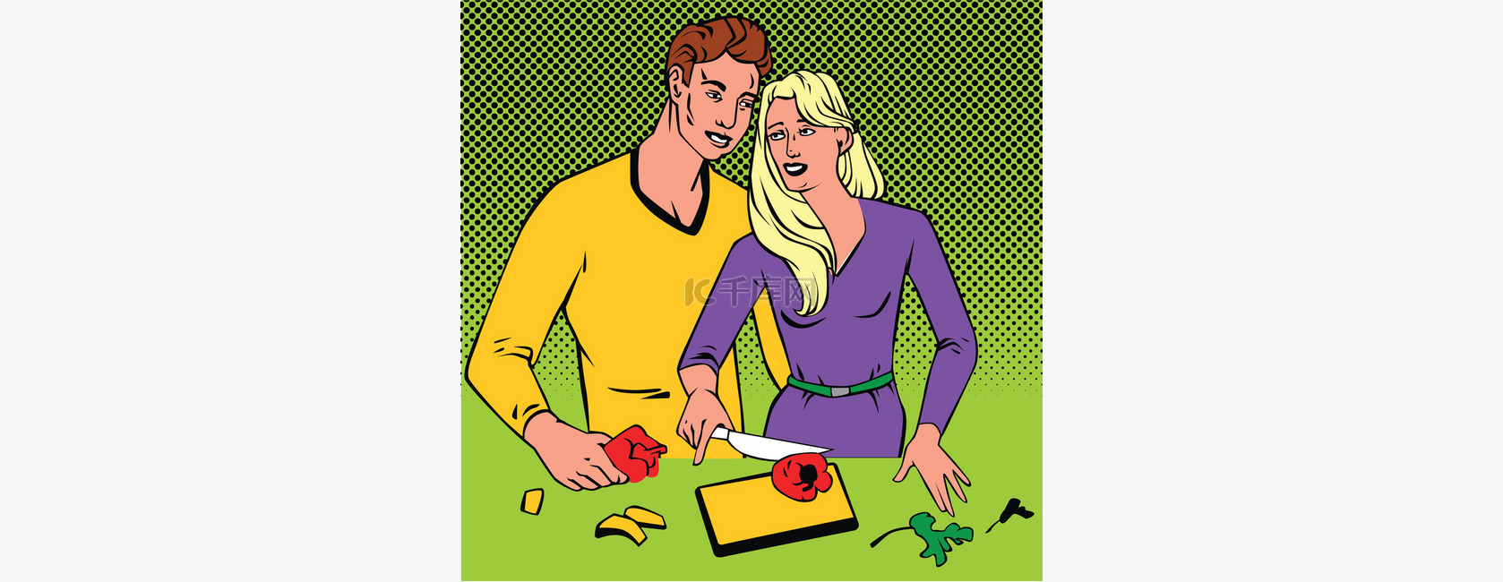 Couple cooking together pop art comics retro style with Halftone素材图片免费 ...