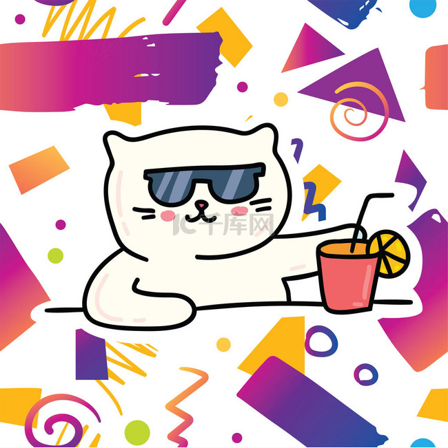 时尚卡 prind 设计与可爱的猫在游泳池与太阳镜的时髦孟菲斯风格的背景图案。卡通风格设计理念素材图片免费下载-千库网