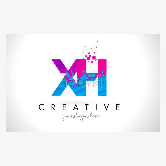 Xh X H 字母徽标与粉碎破碎蓝色粉红色纹理设计素材图片免费下载-千库网