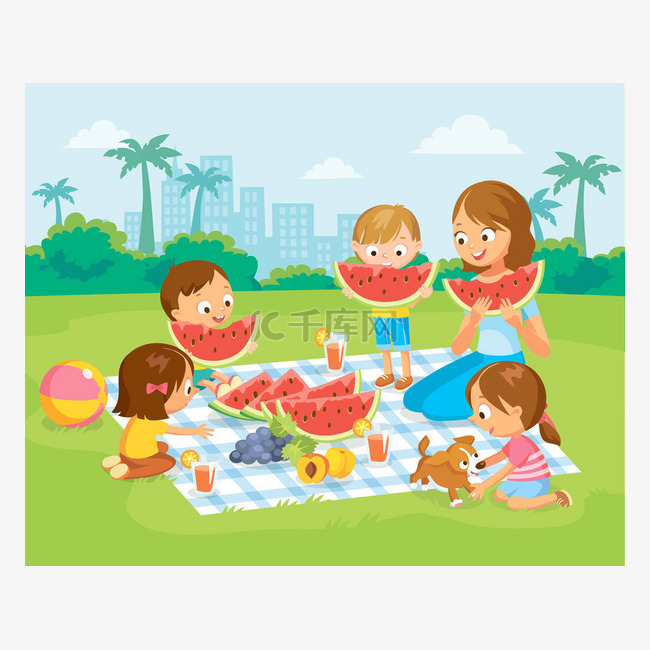 Vector portrait mother and 4 four kids children eating large red watermelon and fruits on picnic ...