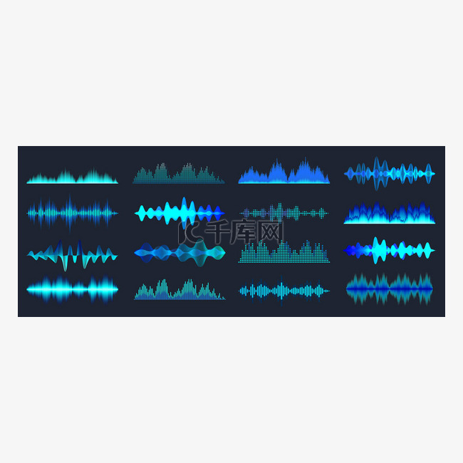 蓝色彩色声波收集。模拟和数字音频信号。音乐均衡器。干扰语音记录。高频无线电波。矢量说明.素材图片免费下载-千库网