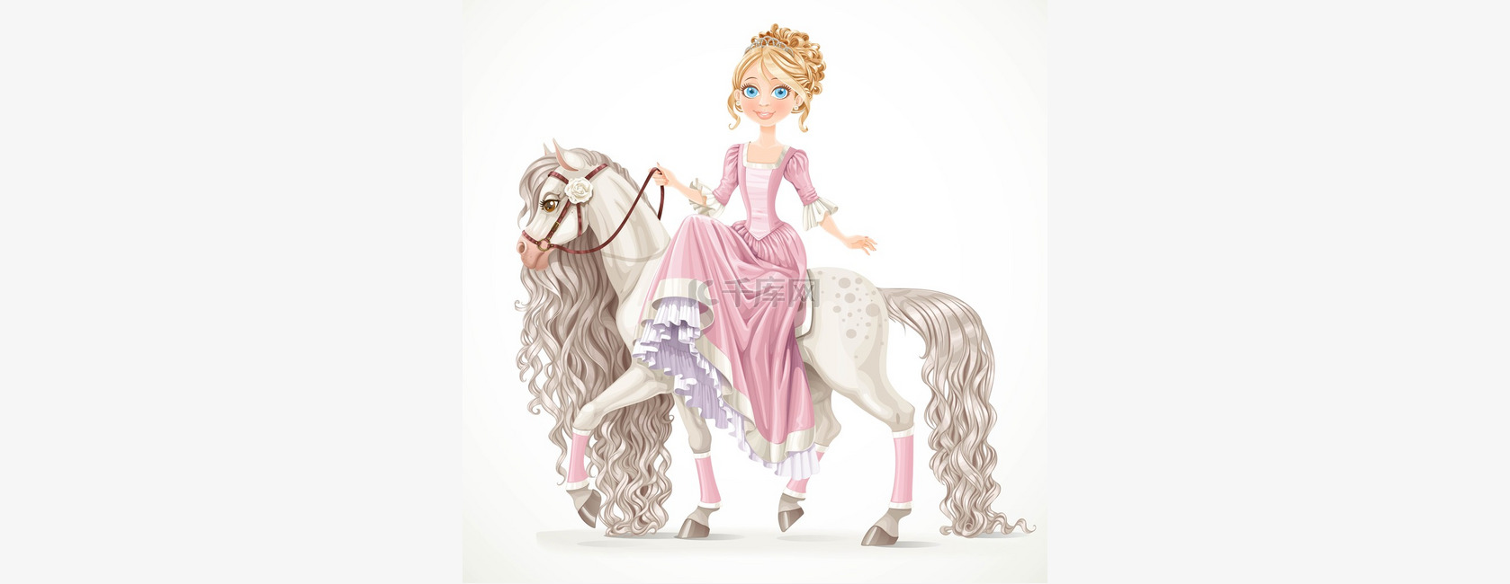 Cute princess on a white horse with a long mane isolated on a wh素材图片免费 ...