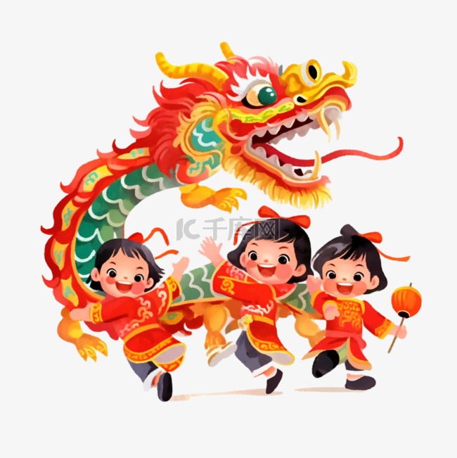 新年可爱孩子元素舞龙手绘素材图片免费下载-千库网