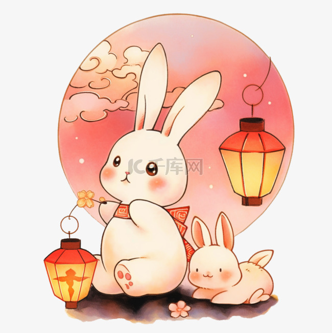 中秋节兔子手绘灯笼卡通元素素材图片免费下载-千库网