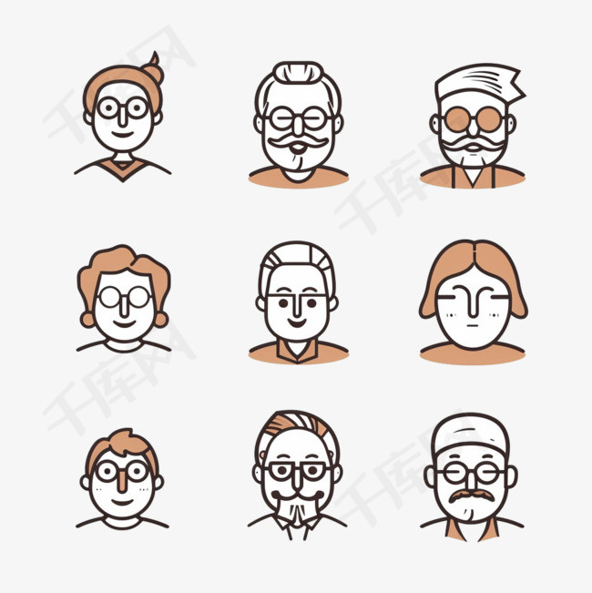 人物头像矢量线描集老年男女平面简单插画素材图片免费下载-千库网