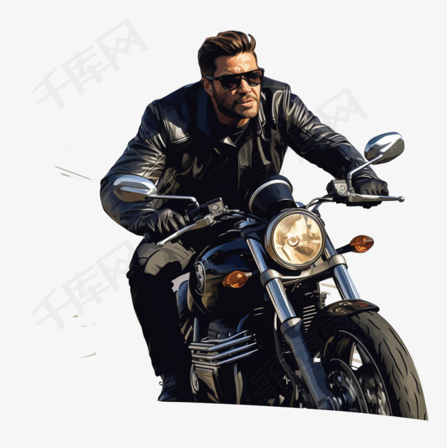 一名男子穿着黑色夹克和蓝色牛仔裤骑着摩托车素材图片免费下载-千库网