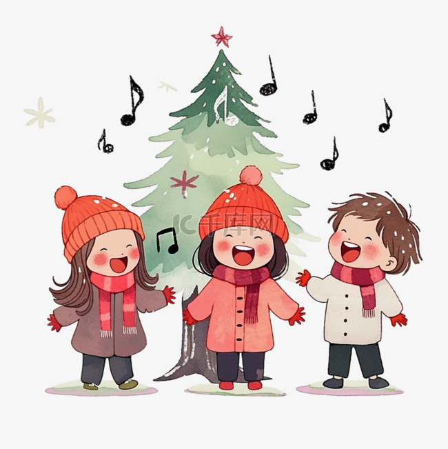 可爱孩子唱歌卡通手绘元素新年素材图片免费下载-千库网