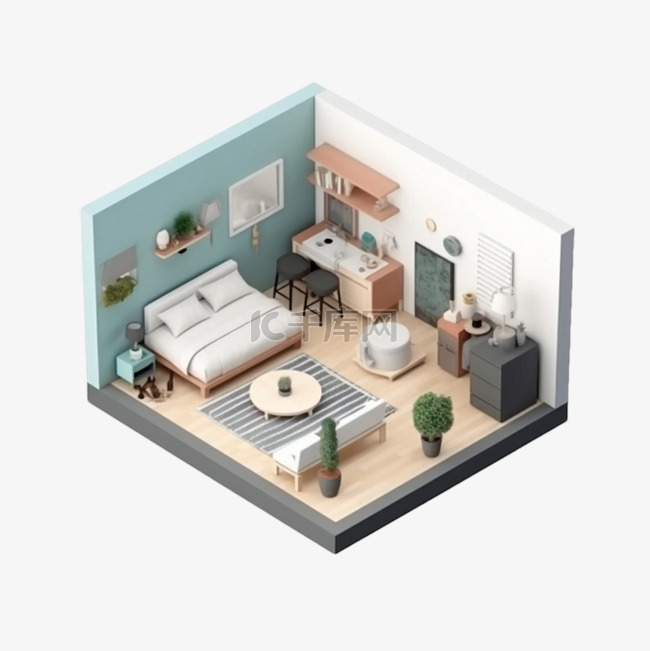 3d房间模型蓝色白色黄色立体素材图片免费下载-千库网
