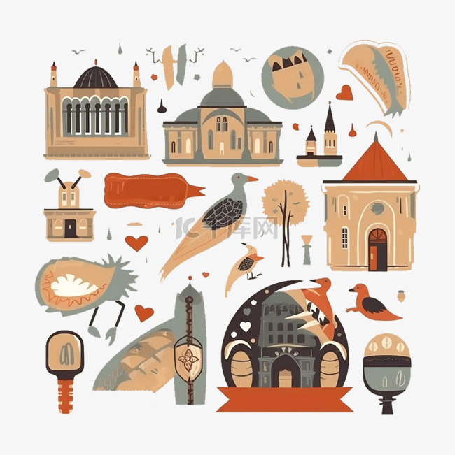 博物馆卡通复古贴纸素材图片免费下载-千库网