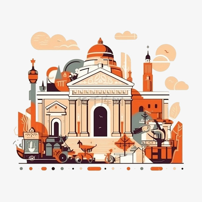 博物馆日橙色卡通建筑素材图片免费下载-千库网