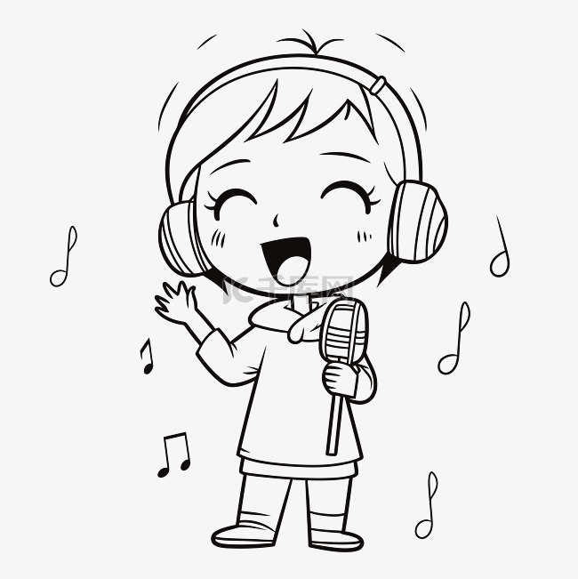卡通女孩用麦克风唱歌着色页动物园轮廓素描 向量素材图片免费下载-千库网