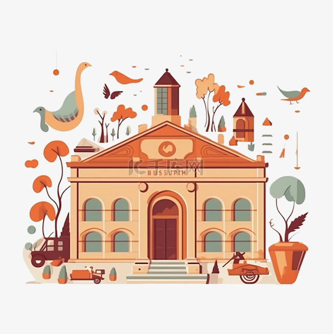 博物馆日可爱卡通建筑素材图片免费下载-千库网