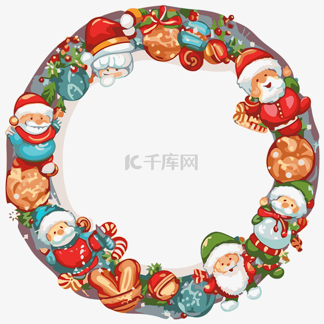 圣诞圆形花环与许多圣诞老人剪贴画 向量素材图片免费下载-千库网