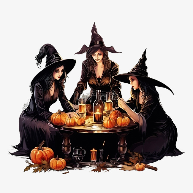 万圣节前夕，三个女巫坐在桌边准备魔药素材图片免费下载-千库网