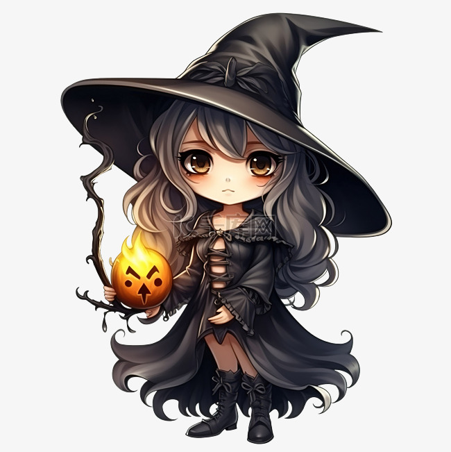 万圣节赤壁女巫巫术拿着她的魔杖插画素材图片免费下载-千库网