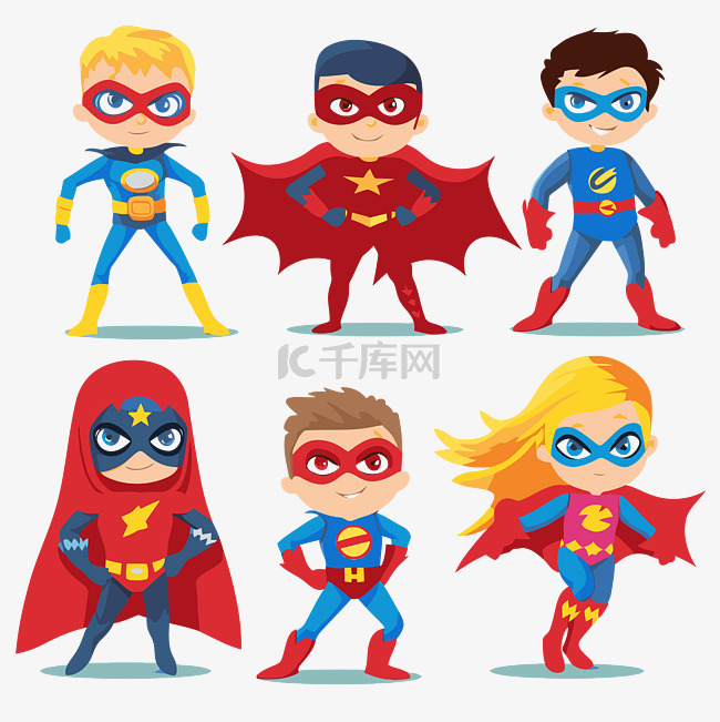超级英雄剪贴画集可爱的卡通超级英雄一个穿着超级英雄服装的孩子矢量插图素材图片免费下载-千库网