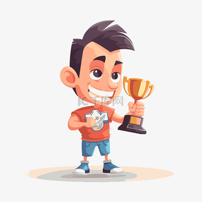 冠军剪贴画卡通可爱的年轻人在他面前拿着奖杯和奖杯 向量素材图片免费下载-千库网