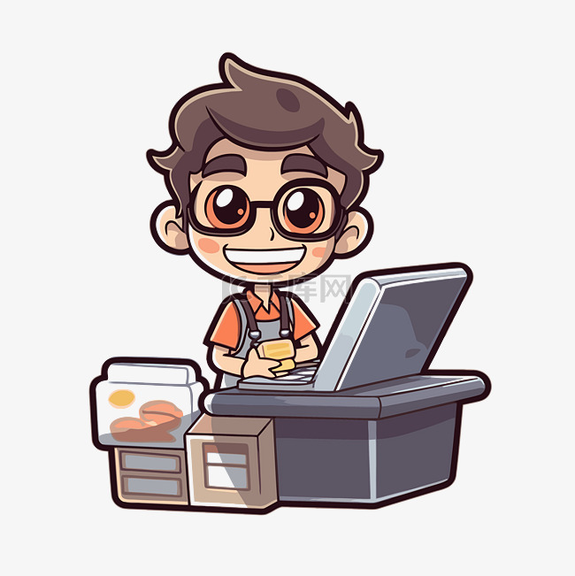 卡通人物使用他的电脑并拿着一件设备 向量素材图片免费下载-千库网