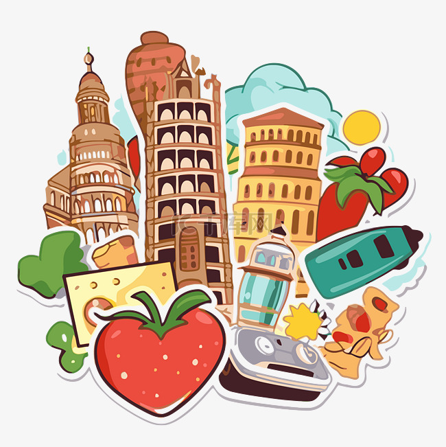 一组色彩缤纷的贴纸描绘了意大利的景点 向量素材图片免费下载-千库网