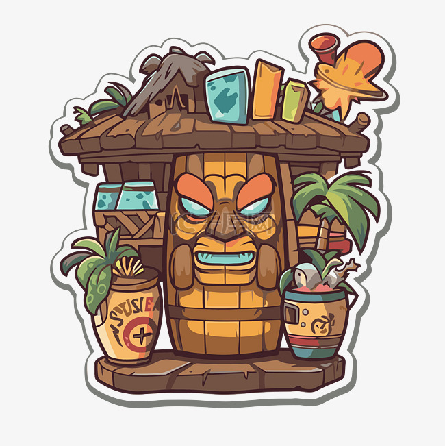 贴纸 tiki 与 tiki 小屋前面剪贴画 向量素材图片免费下载-千库网