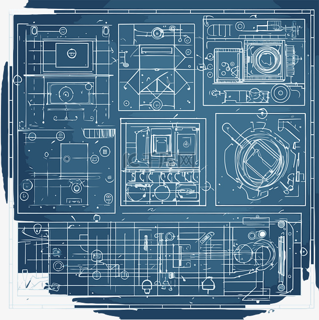 蓝图剪贴画蓝色背景上的蓝图与许多不同的对象卡通 向量素材图片免费下载-千库网