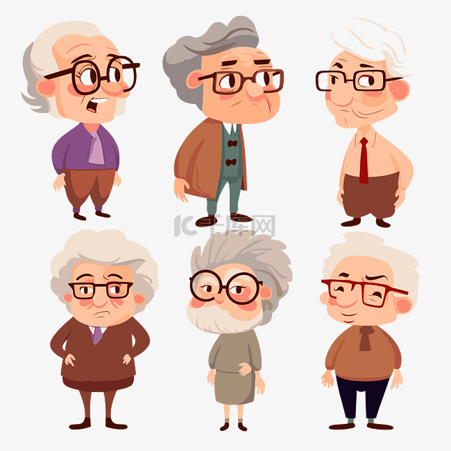 长辈剪贴画卡通老年妇女男人和女人戴眼镜设置隔离 向量素材图片免费下载-千库网