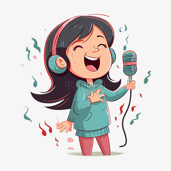 唱歌剪贴画卡通女孩对着麦克风唱歌 向量素材图片免费下载-千库网