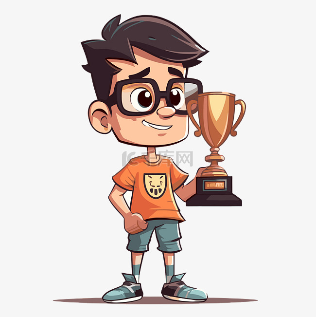 冠军剪贴画卡通男孩拿着奖杯奖 向量素材图片免费下载-千库网