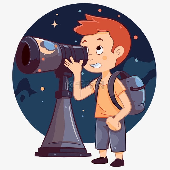 观察剪贴画卡通男孩通过望远镜看星星 向量素材图片免费下载-千库网