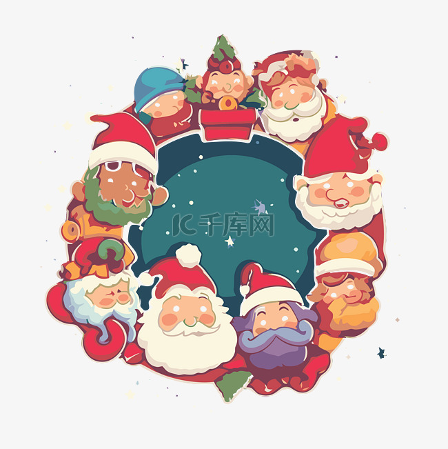 圣诞老人在圆圈与圣诞人物剪贴画 向量素材图片免费下载-千库网
