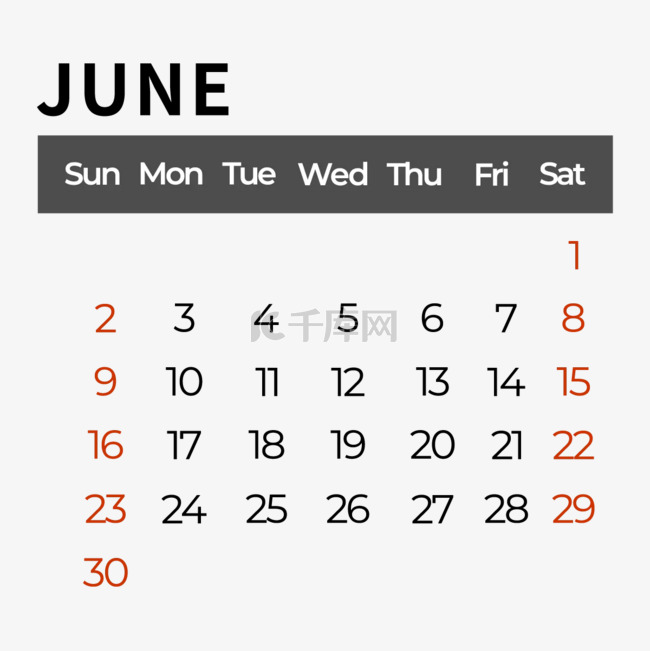 2024年6月日历黑色简约风格 向量素材图片免费下载-千库网