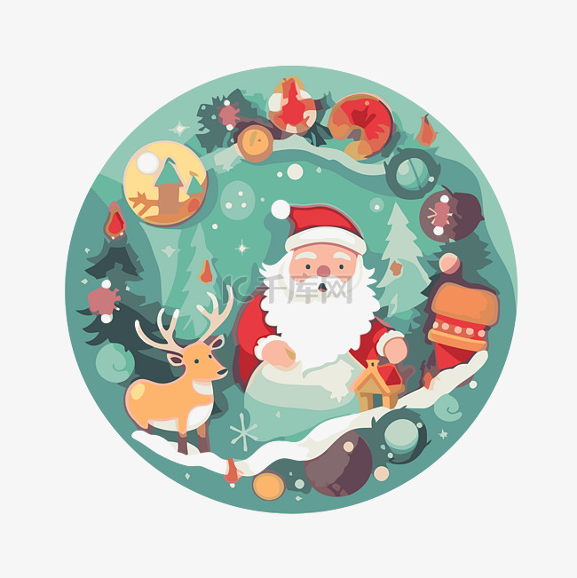 圆形环境剪贴画中扁平圣诞老人和鹿的插图 向量素材图片免费下载-千库网