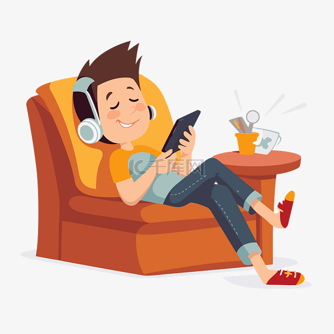 懒惰的剪贴画一个有吸引力的卡通人物坐在沙发上用手机玩游戏 向量素材图片免费下载-千库网