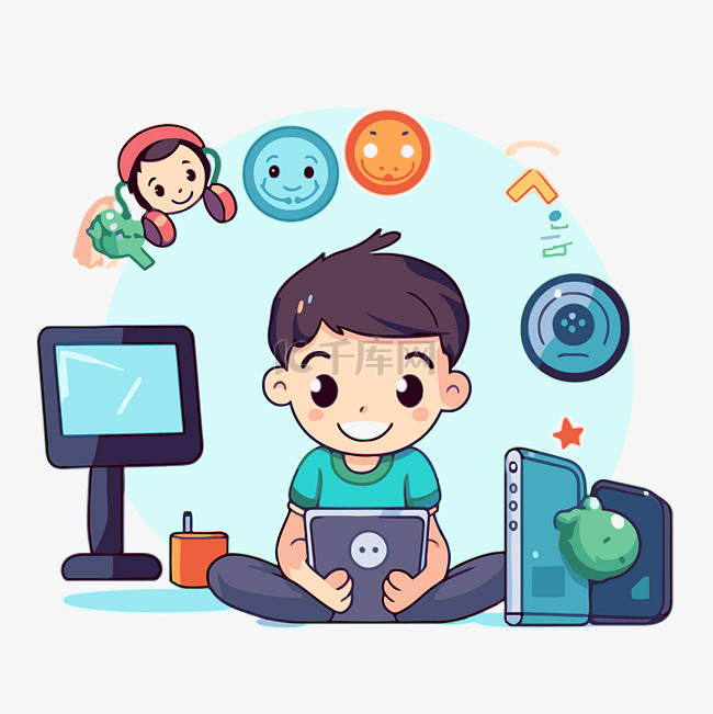 屏幕时间剪贴画平面卡通卡通男孩在使用平板电脑和手机时acrysizing游戏 向量素材图片免费下载-千库网