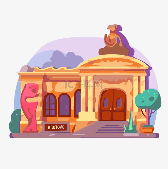 博物馆剪贴画卡通博物馆与雕像和狮子卡通 向量素材图片免费下载-千库网