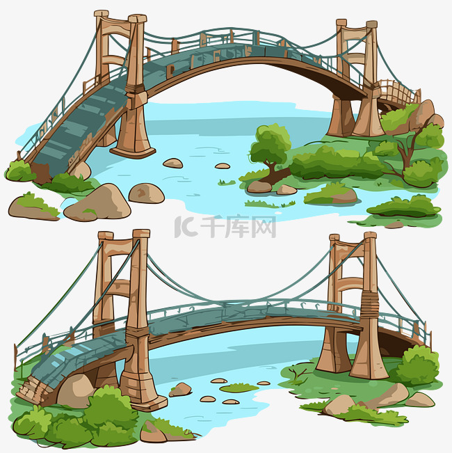 桥梁剪贴画 两座卡通桥铺设在河边，有灌木丛 向量素材图片免费下载-千库网
