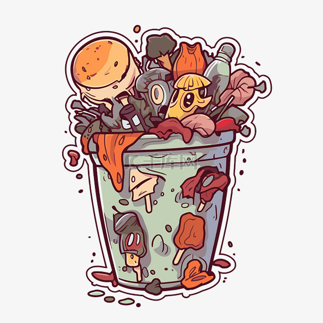 描绘塑料桶中垃圾和食物的卡通插图 向量素材图片免费下载-千库网