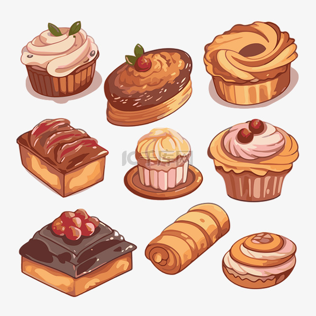 糕点剪贴画卡通中的新鲜糕点和甜点 向量素材图片免费下载-千库网