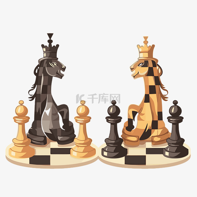 国际象棋剪贴画卡通棋盘以及黑色和金色的国王和王后 向量素材图片免费下载-千库网