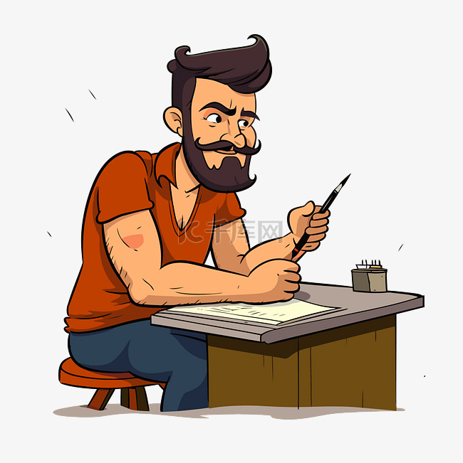 作家剪贴画卡通人物用留着胡子的笔做笔记 向量素材图片免费下载-千库网