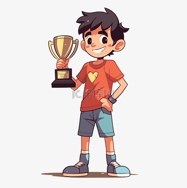 冠军剪贴画卡通微笑男孩拿着奖杯和泰迪熊 向量素材图片免费下载-千库网