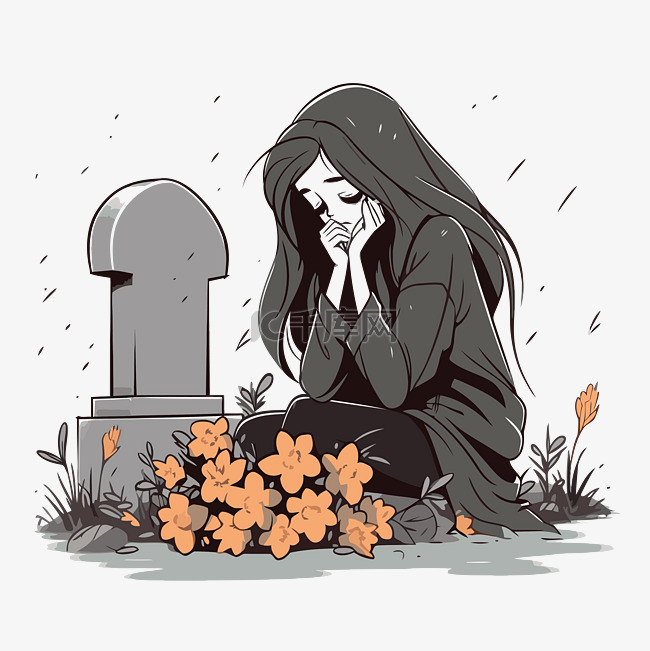 悲伤的剪贴画悲伤的女孩在墓碑卡通 向量素材图片免费下载-千库网