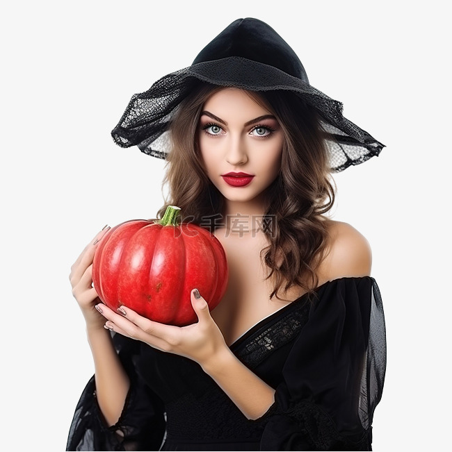 万圣节化妆的女巫手里拿着一个多汁的西瓜素材图片免费下载 千库网