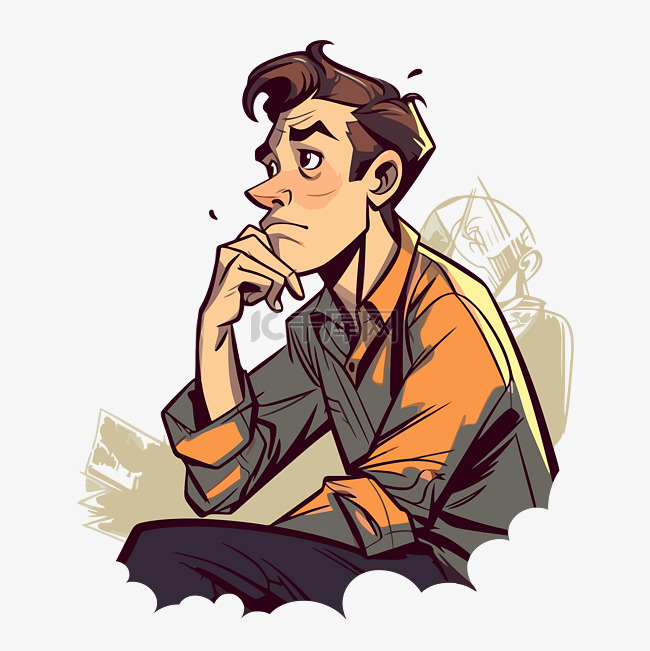 思考剪贴画绘制一个年轻人思考卡通的插图 向量素材图片免费下载-千库网