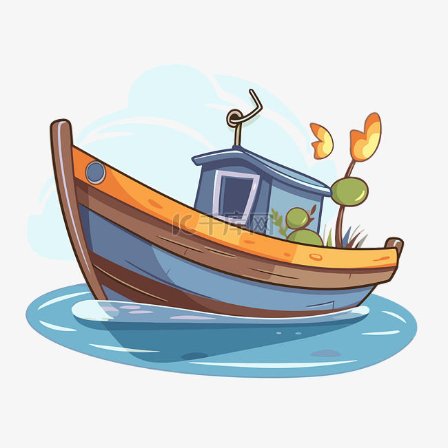 卡通渔船在水面上与绿色植物 向量素材图片免费下载-千库网